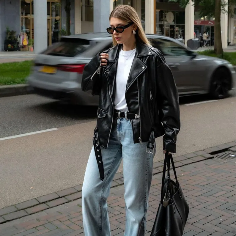 Black Oversized Motorcycle Jacket Women Biker Leather Jacket - Leather ...