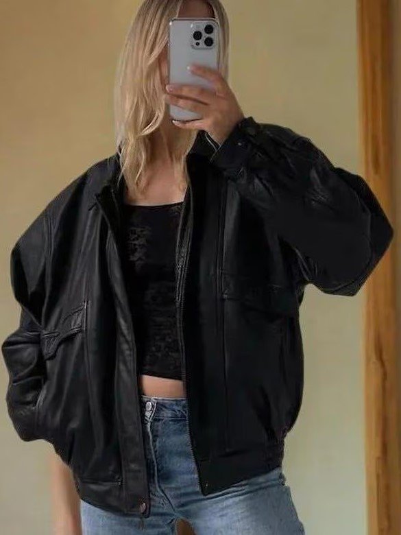 Black Oversized Baggy Jacket Women Black Leather Jacket - Leather ...